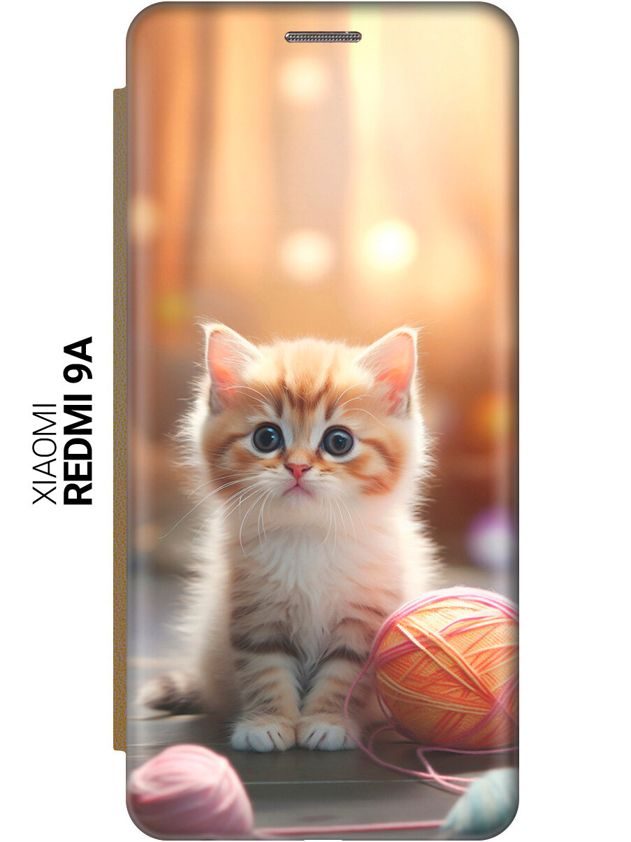 Чехол-книжка на Xiaomi Redmi 9A / Сяоми Редми 9А с рисунком "Котик и нитки" золотистый