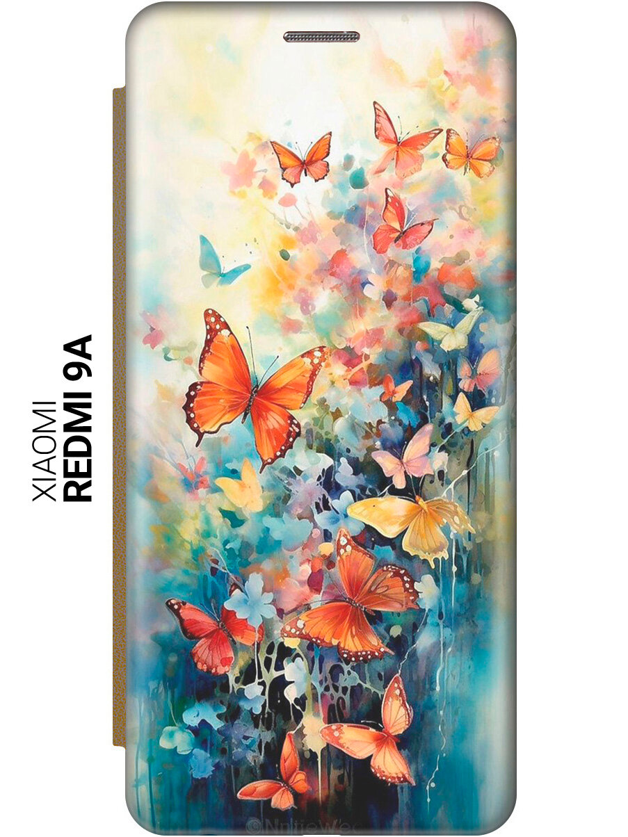 Чехол-книжка на Xiaomi Redmi 9A / Сяоми Редми 9А с рисунком "Бабочки акварелью" золотой