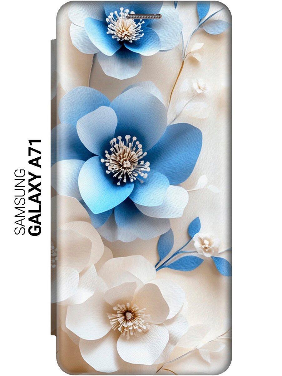 Чехол-книжка на Samsung Galaxy A71 с принтом "Белые и голубые цветы" золотой