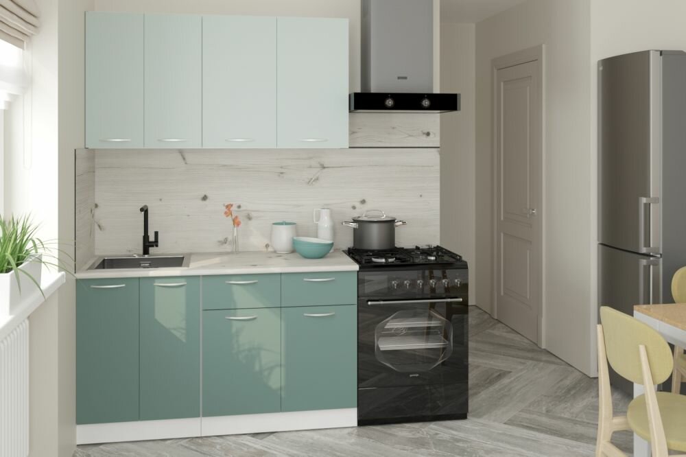 Кухонный гарнитур Асая медиум 1400, Цвет Сумерки/Бензин, ширина 140 см, с навесными шкафами, с выдвижными ящиками, с тумбой под мойку