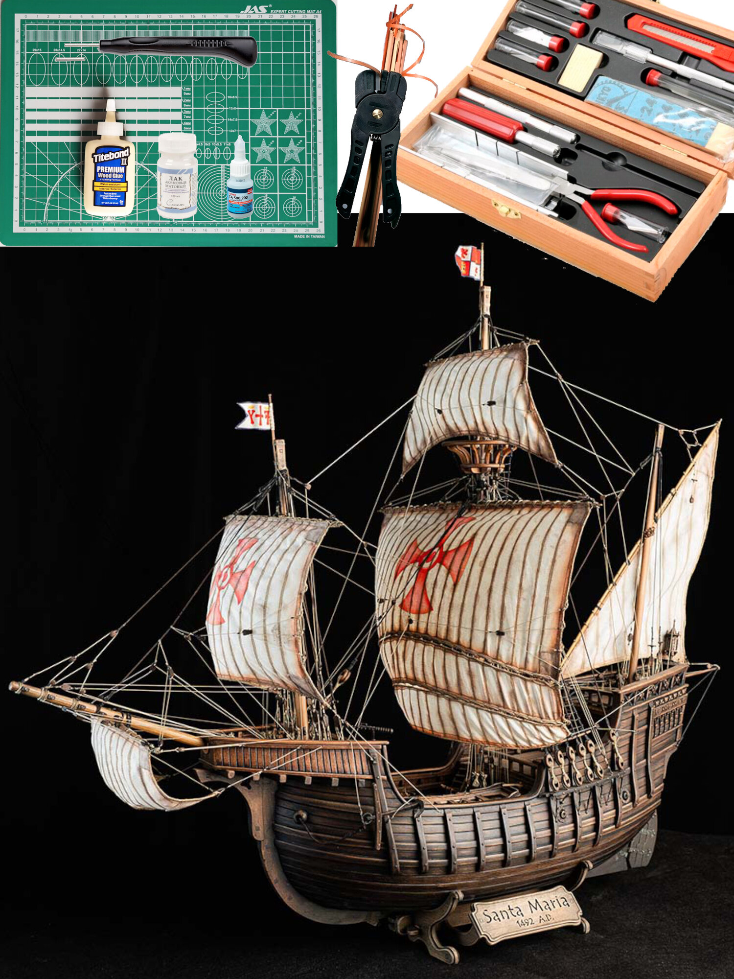 Модель каравелла Колумба Santa Maria + паруса, подставка, стапель, 760х650х360мм, подарочный набор, инструменты и клея