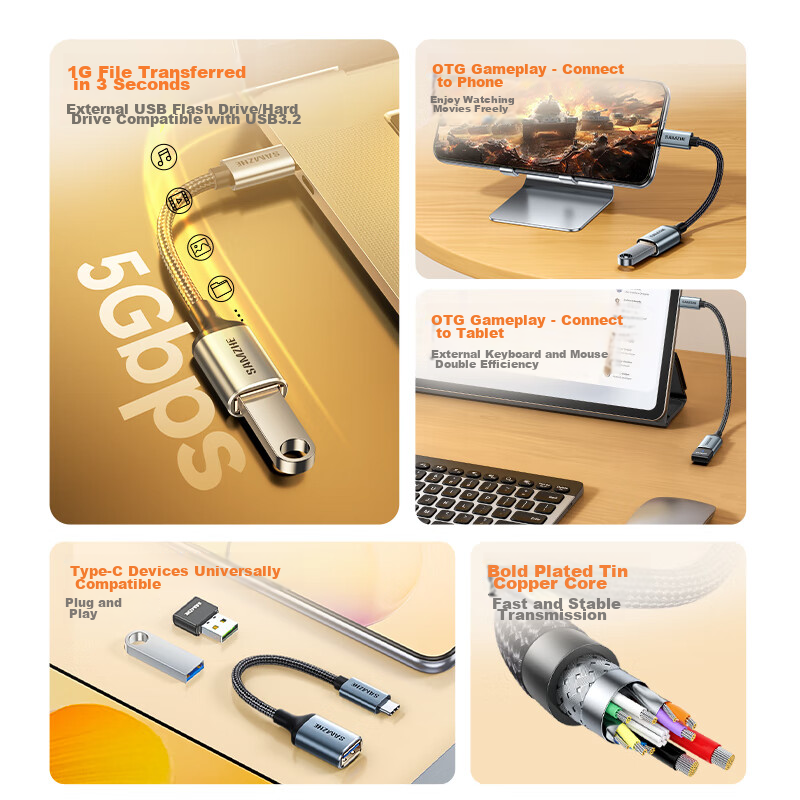 Shanze OTG Adapter Cable, Type-C to USB 3.2 Gen1 Converter, Connection Cable for Apple 16/15 Phones, Huawei Tablets, Laptops, Expansion USB Drive