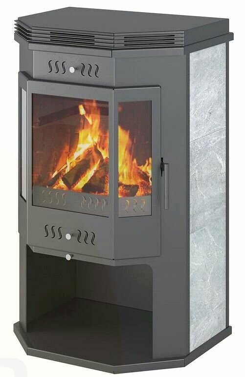 Печь-Камин ASTON 12 кВт (200 м3) Призматик с плитой (Талькохлорит) диаметр дымохода: 150 мм, 634х1035х515 мм.