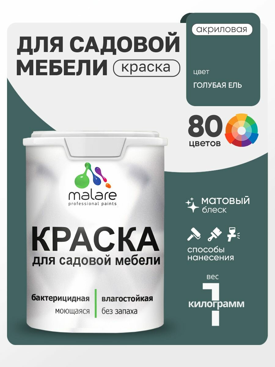 Акриловая краска Malare для садовой мебели/ по дереву, для наружных и внутренних работ/ быстросохнущая моющаяся без запаха матовая, голубая ель, 1 кг