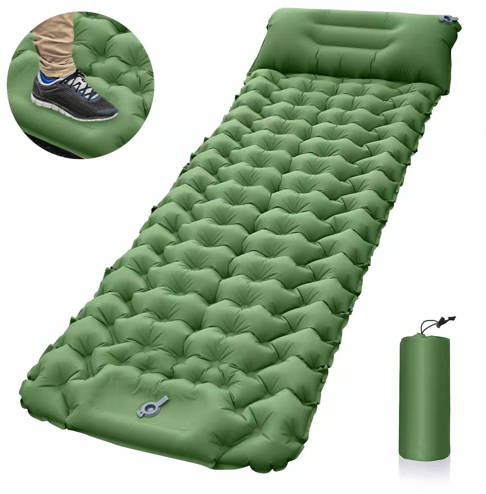 Коврик туристический надувной с насосом, подушкой из нейлон, зеленый Матрас надувной для спального мешка в палатку