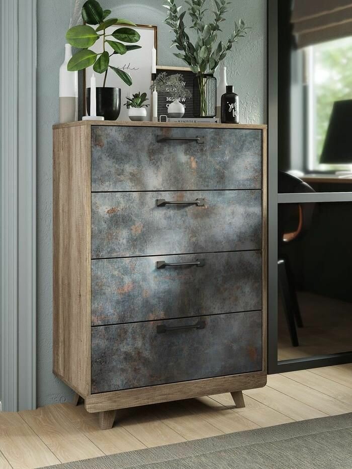 Комод для одежды и хранения вещей Мегаполис с ящиками, 70х40.4х105.2 см, Дуб Каньон / Серый, фотопечать