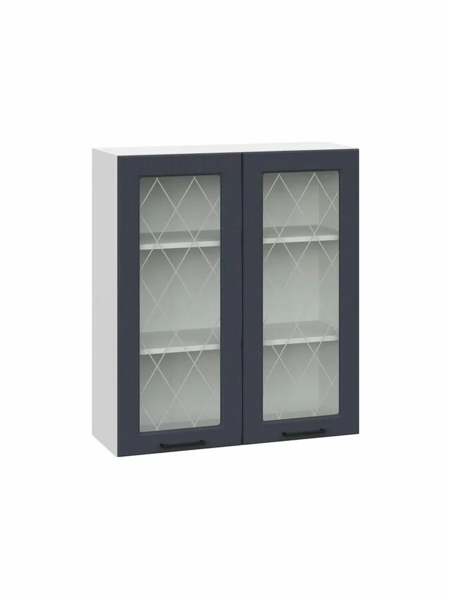 Кухонный модуль навесной, шкаф Шервуд с доводчиками, с полками, 80х29.6х91 см, Белый / Шато индиго со стеклом