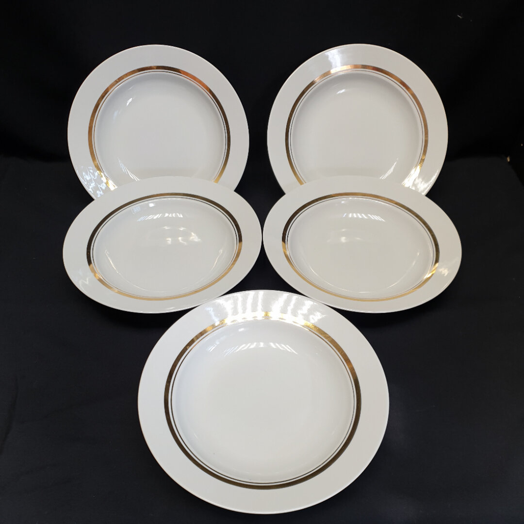 Набор из 5 суповых тарелок Дулево, фарфор позолота 235 мм. Винтаж, СССР.