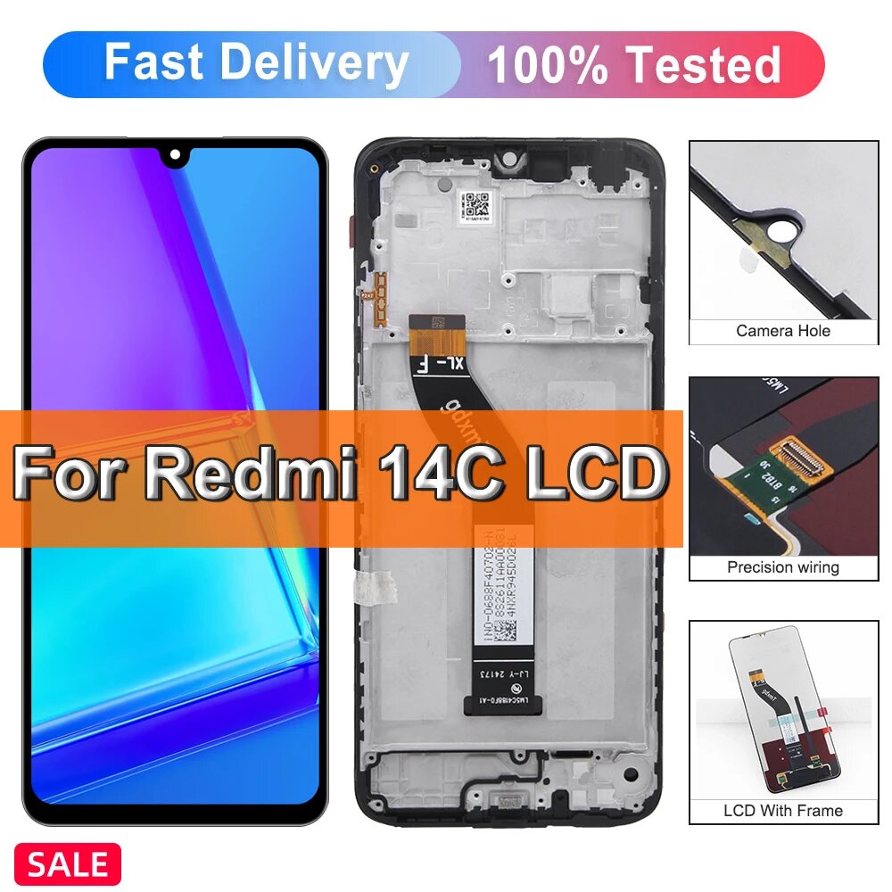 6,88-дюймовый ЖК-дисплей для Xiaomi Redmi 14C, ЖК-дисплей, сенсорная панель, дигитайзер экрана в сборе для Redmi14C, замена ЖК-дисплея с рамкой Black With Frame