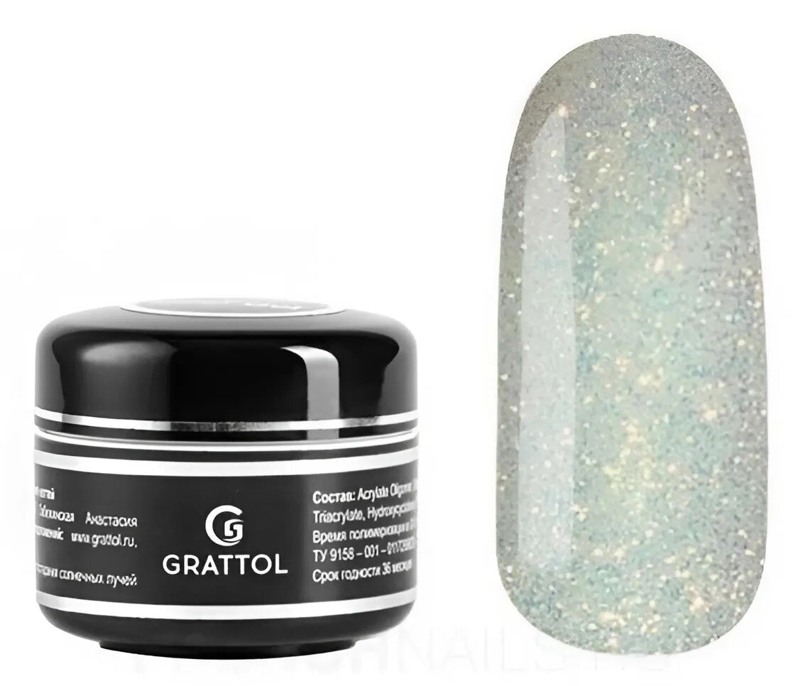 Grattol Gel Opal 01 - Гель для наращивания и моделирования ногтей, прозрачный с золотым глиттером , 50 ml
