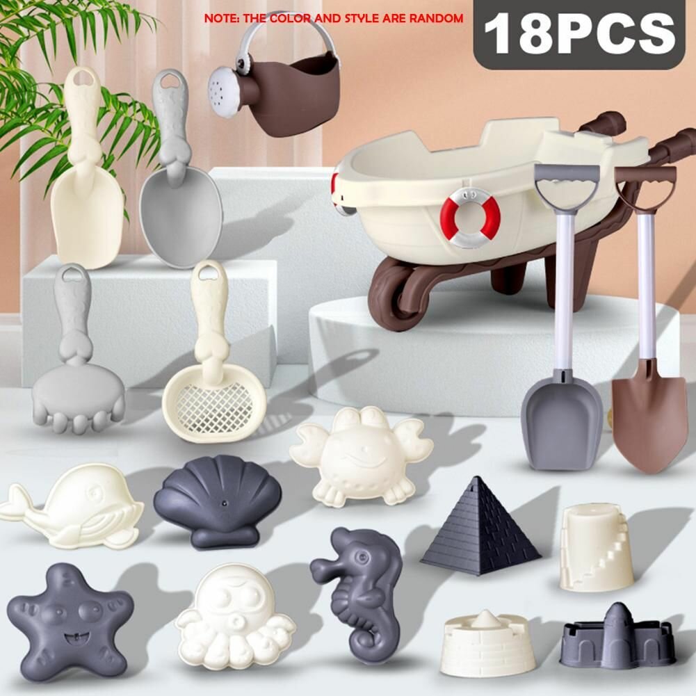 Детский набор для песка, 18 предметов, ведро, лопатка, грабли, сито, машинка, для пляжа и песочницы