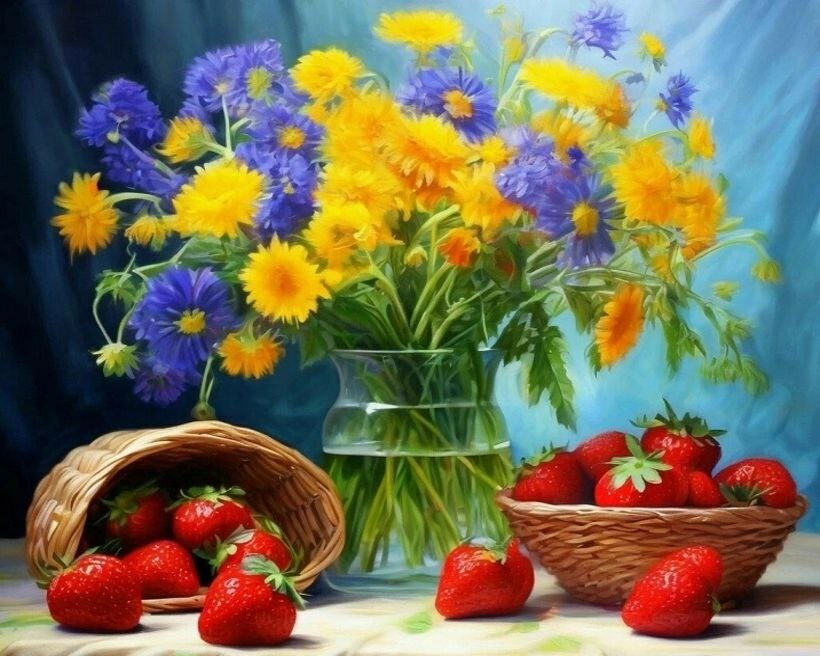 Картина по номерам "Летний букет с клубникой" холст на подрамнике 40х50 см, MCA2093