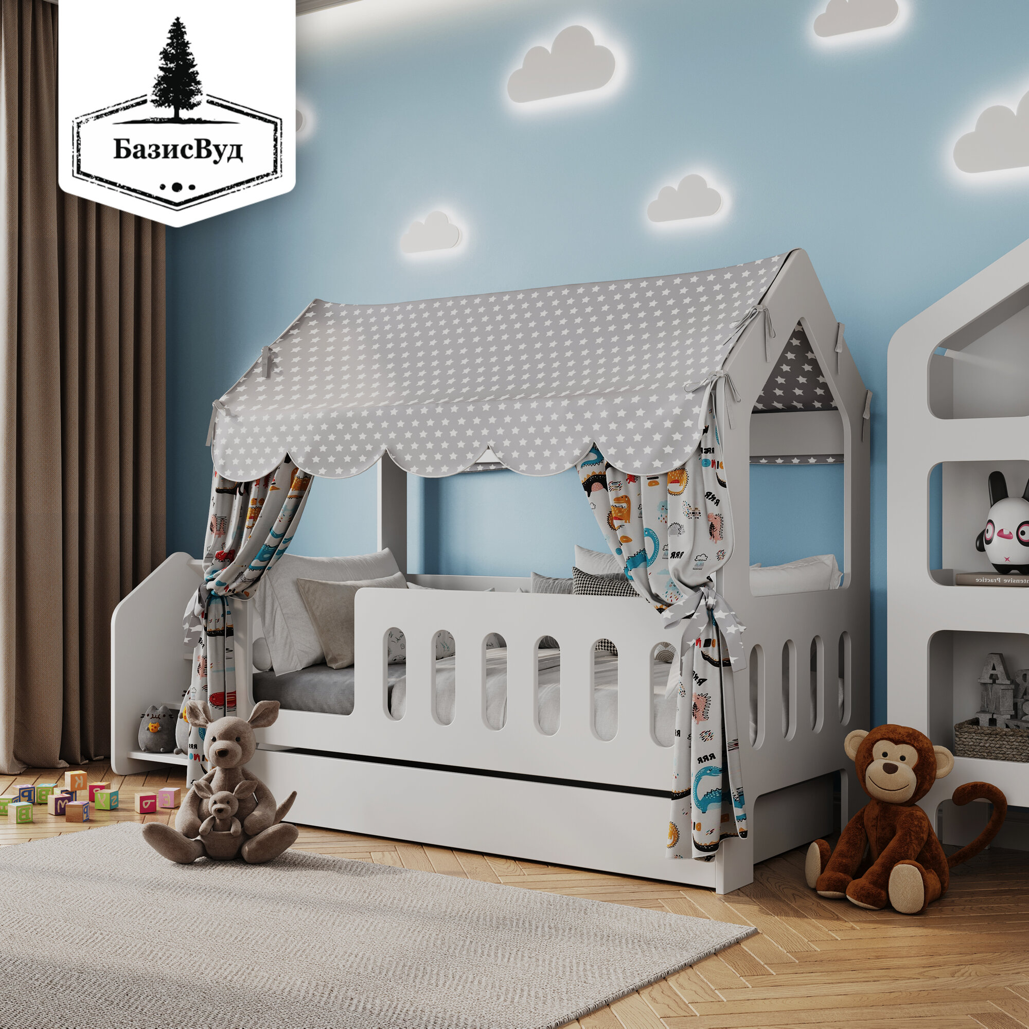 Кровать-домик, Кровать детская с бортиком под матрас 140х70, БазисВуд "Классик" с текстилем (серый с динозавриками) и ящиком