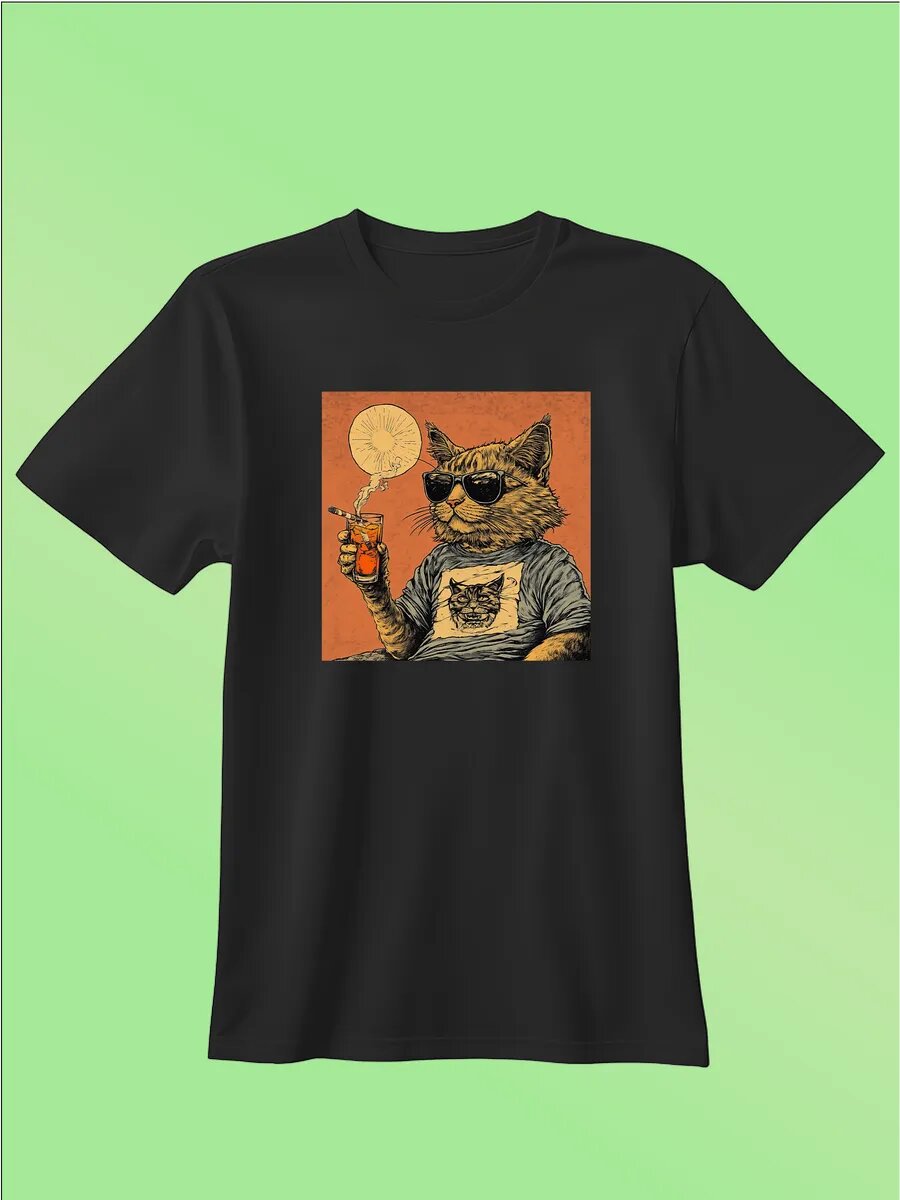 Футболка кот в очках с бокалом