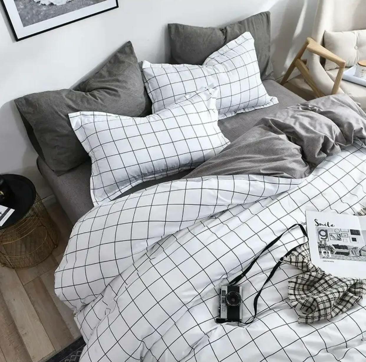 Комплект постельного белья Mency "Клетка ЧБ" Евро, простыня на резинке