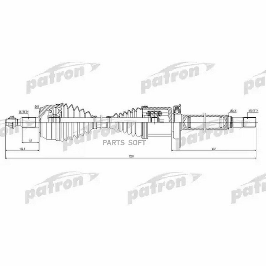 Полуось передняя правая 38X1026X37 VW: MULTIVAN V 2,0 BITDI, TRANSPORTER V 2,0 BITDI/TDI 09- PATRON PDS0444 | цена за 1 шт