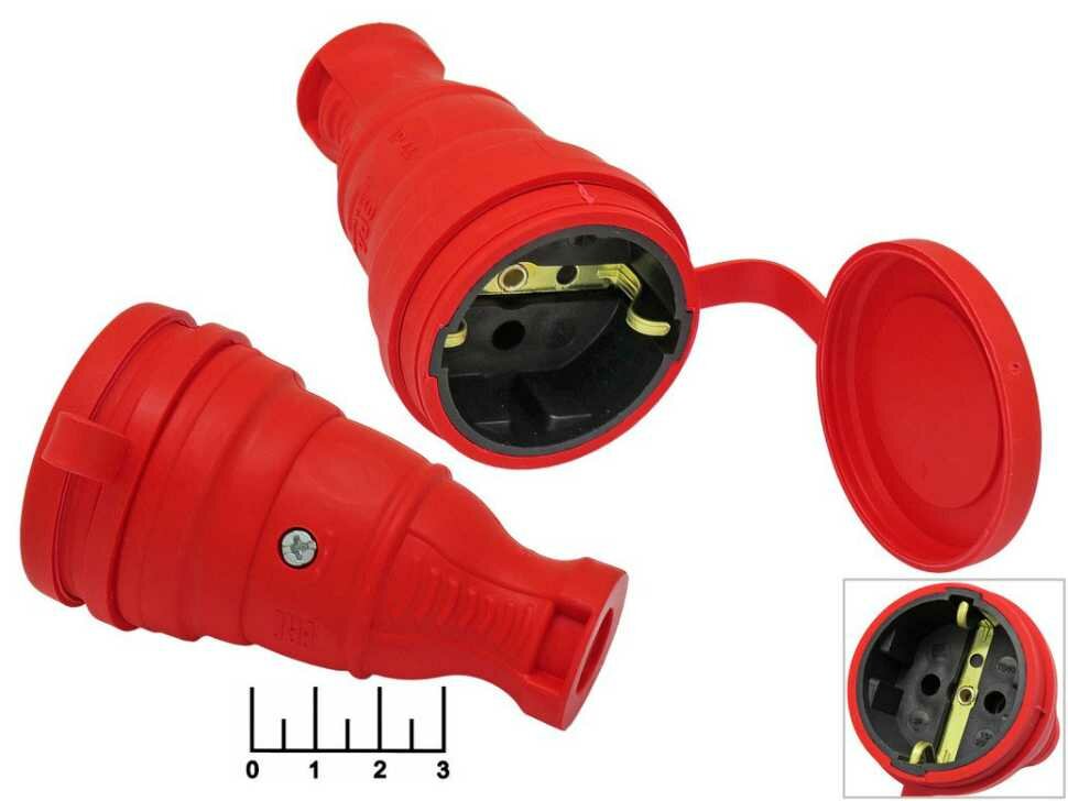 Розетка электрическая с землей на кабель резиновая с крышкой Эра 16A IP44 красная