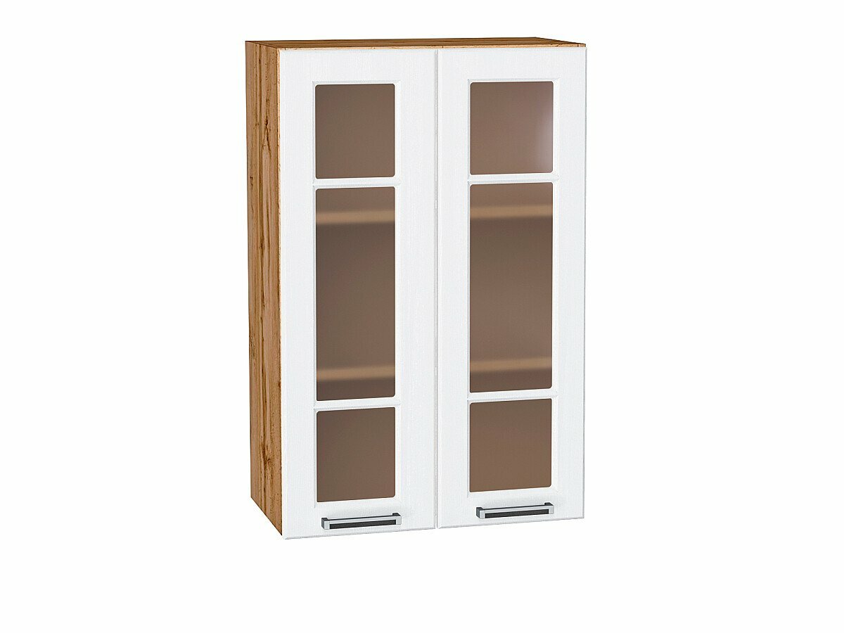 Шкаф верхний с 2-мя остекленными дверцами Прага, цвет фасада Белое дерево, цвет каркаса Дуб Вотан, стекло Сатинато белое, 920*600*318 мм