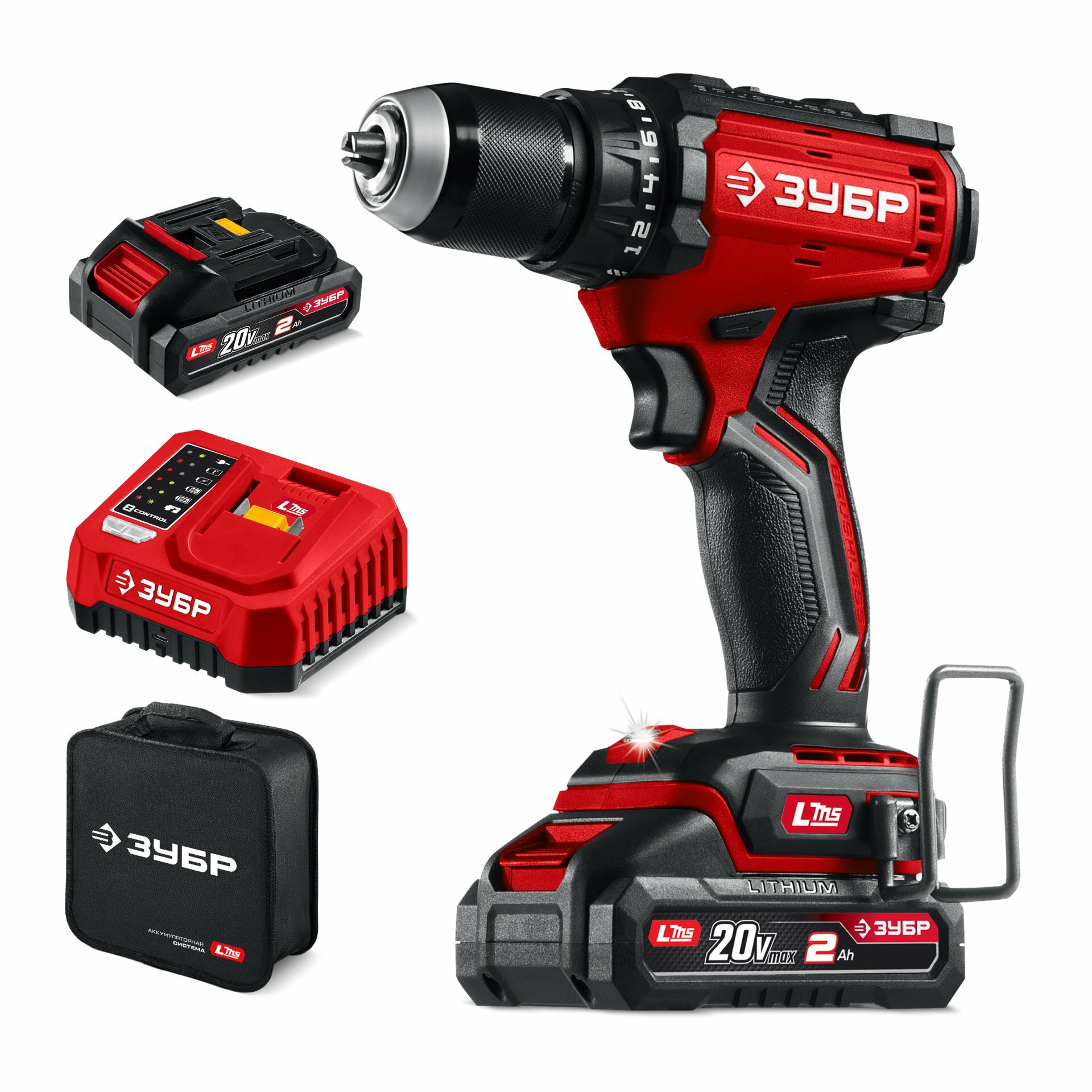 ЗУБР 20 В, 65 Н·м, 2 АКБ LMS (2 А·ч), бесщеточная дрель-шуруповерт, сумка (ДБ-65-22)