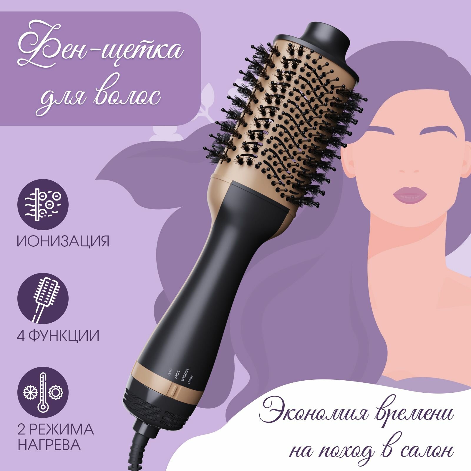 Фен-щетка для волос с ионизацией / Электрическая расческа для сушки, укладки