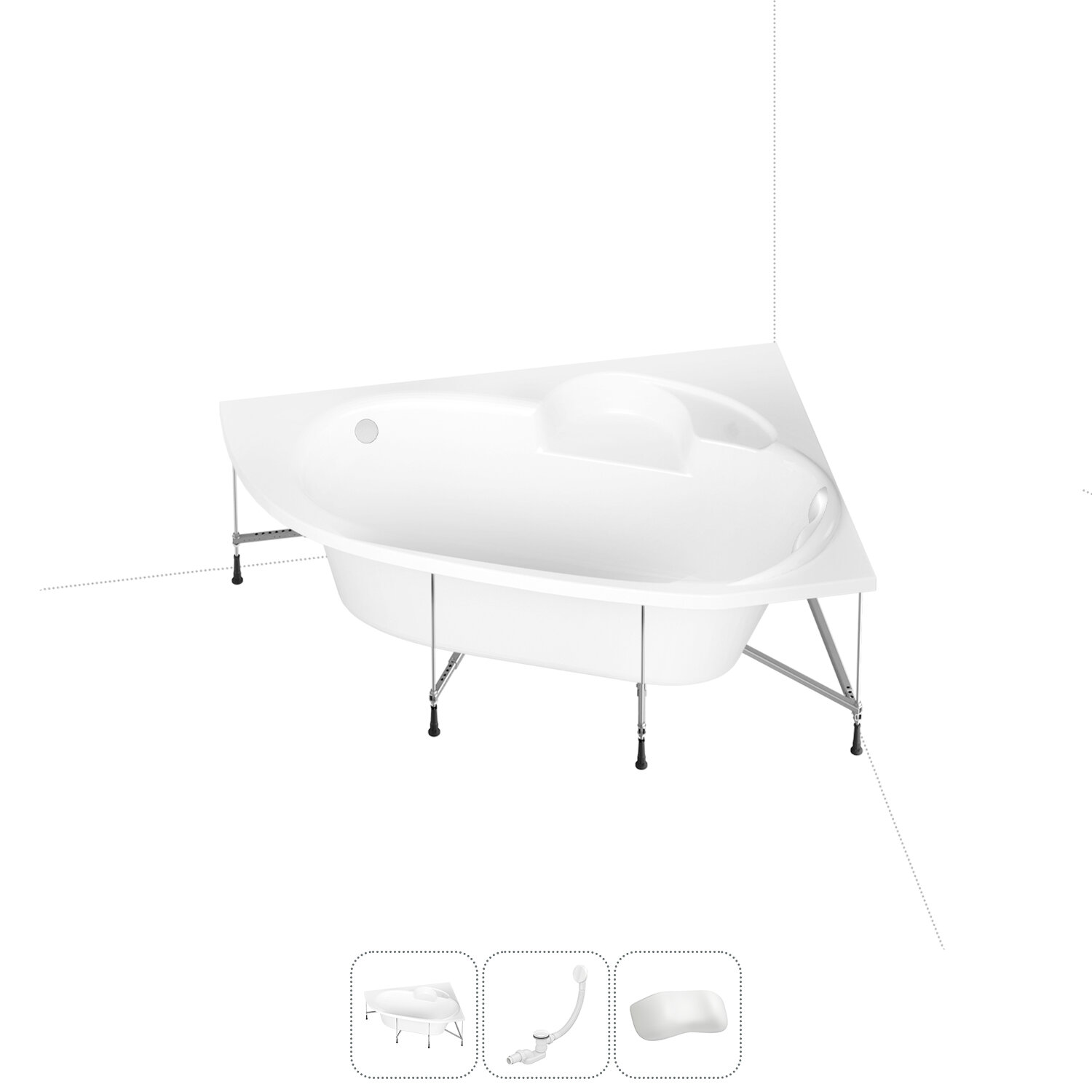 Угловая ванна акриловая 140 x 95 с каркасом Lavinia Boho Bell Pro 20220994R в наборе 4 в 1: асимметричная ванна (правый разворот), каркас, слив-перелив, подголовник