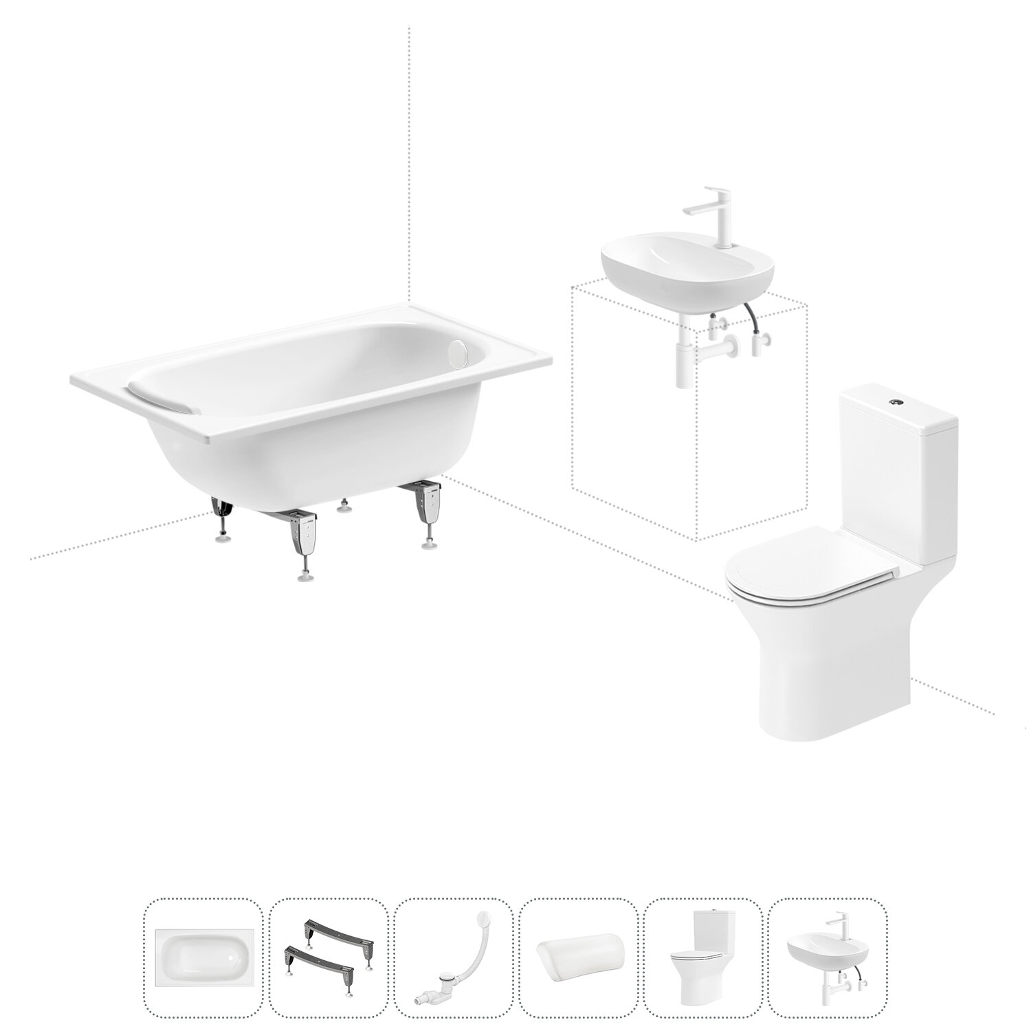 Стальная ванна 105х70 Sanitana BLB Europa 20220570R в наборе 6 в 1: металлическая ванна 105 х 70 см, ножки, слив-перелив, подголовник, унитаз, раковина с комплектом для подключения