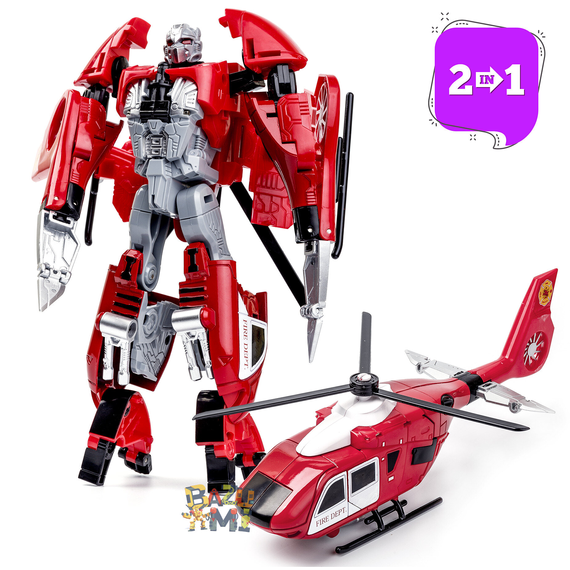 Робот трансформер металлический "Вертолет пожарный" 2 в 1 / подарок мальчику / BAZUMI-2