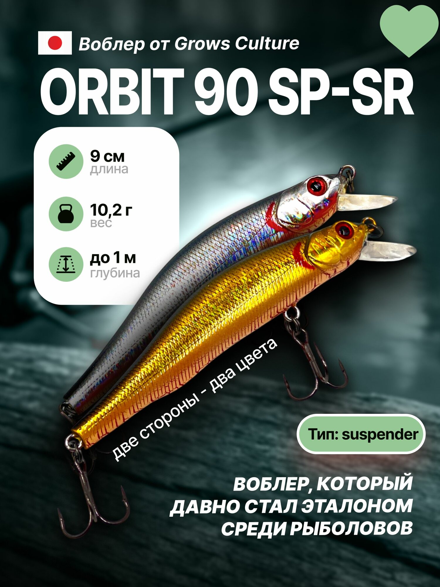 Мелководный воблер для твичинга Orbit 90 SP-SR Grows Culture. Суспендер. На щуку, окуня и ночного судака. 9см, 10.2гр, 0.5-1.2м 00130