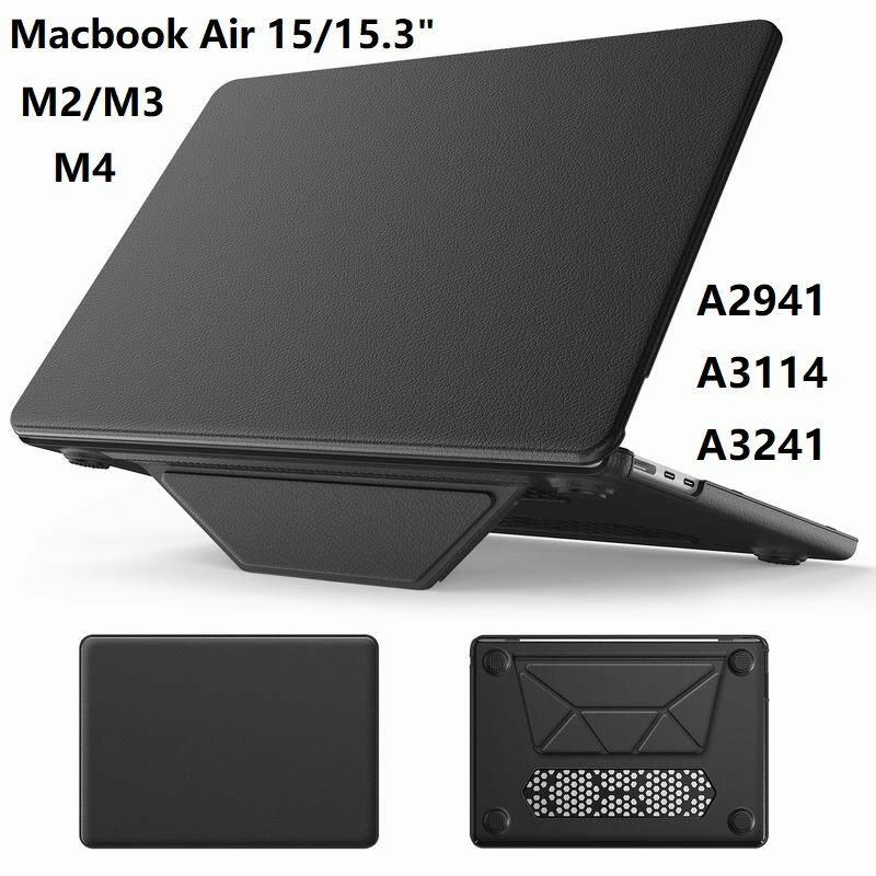 Чехол для MacBook Air 15 / 15.3 M2 М3 M4 / Поликарбонат + искусственная кожа премиум-класса для Макбук Аир 15 2023 2024 2025 (A2941 A3114 A3241), Цвет: Черный