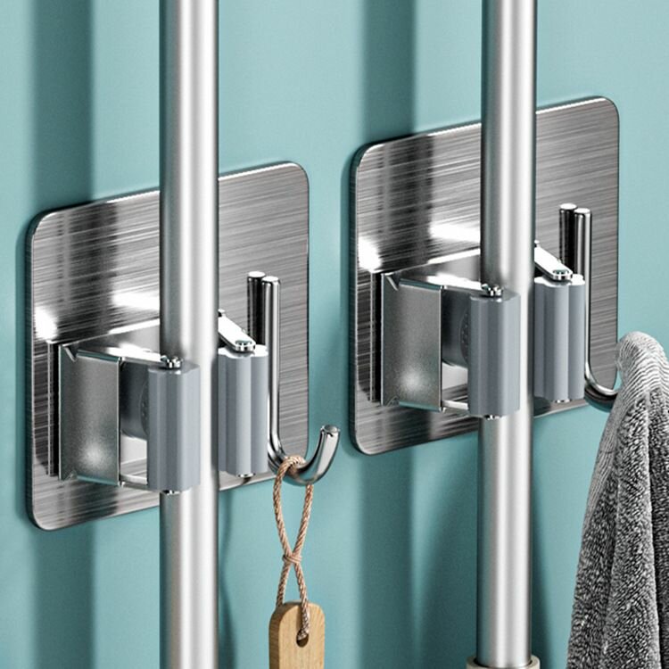 Держатель для швабры с крючком серебристый 2 шт, крепеж настенный самоклеющийся, Органайзер-держатель для хозяйственного инвентаря, для щеток.