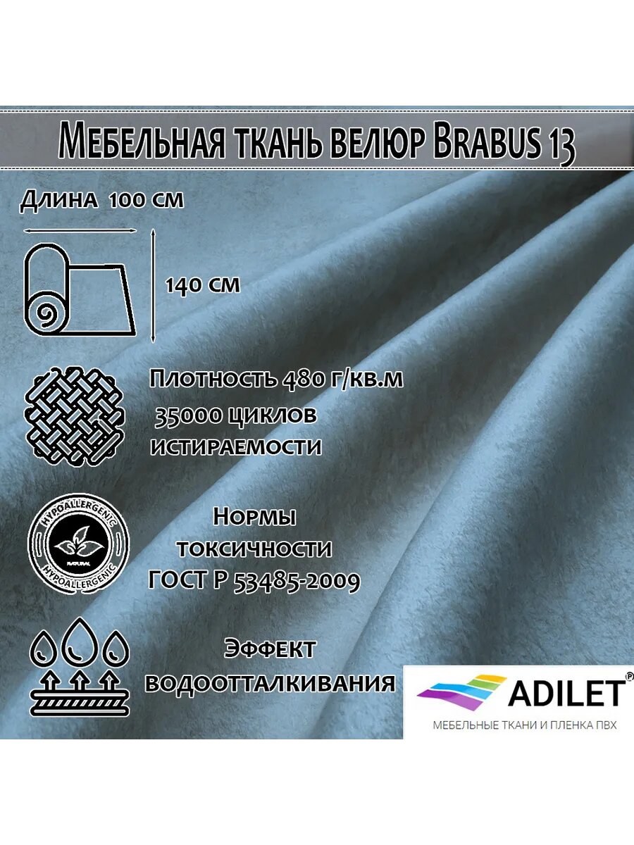 Ткань мебельная велюр Brabus 13 голубой, Adilet длина 1 метр ширина 1.4 метра плотность 480 г/м2