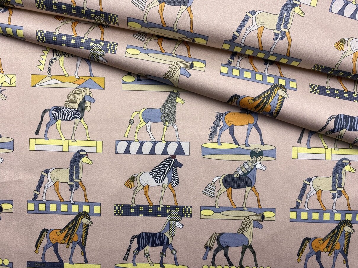 Ткань Хлопок бежевого цвета с принтом лошади в египетском стиле 14411