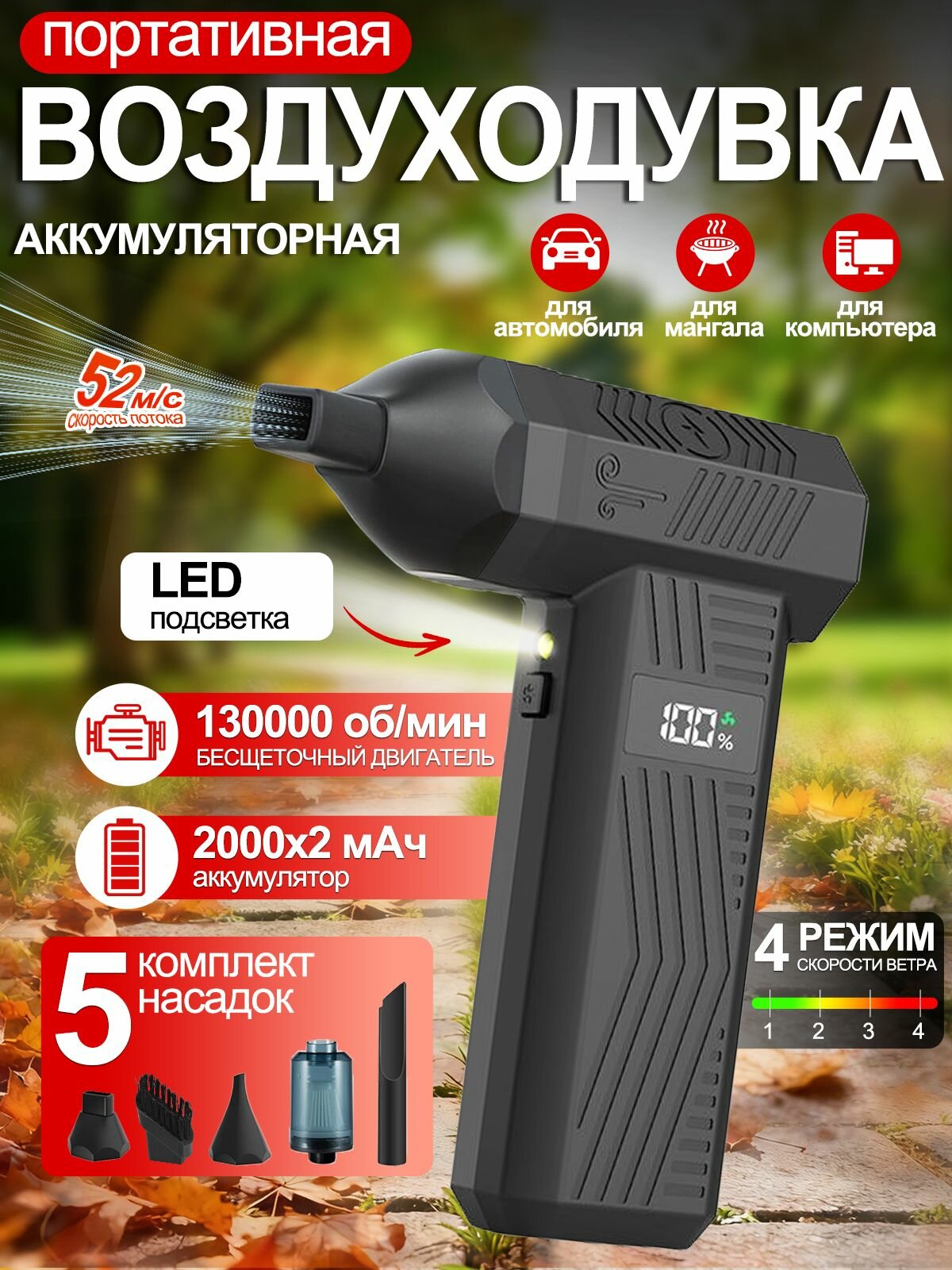 Воздуходувка пылесос турбо портативная аккумуляторная, Ветродуйка с функцией пылесоса / Воздуходувка для компьютера, Турбовентилятор