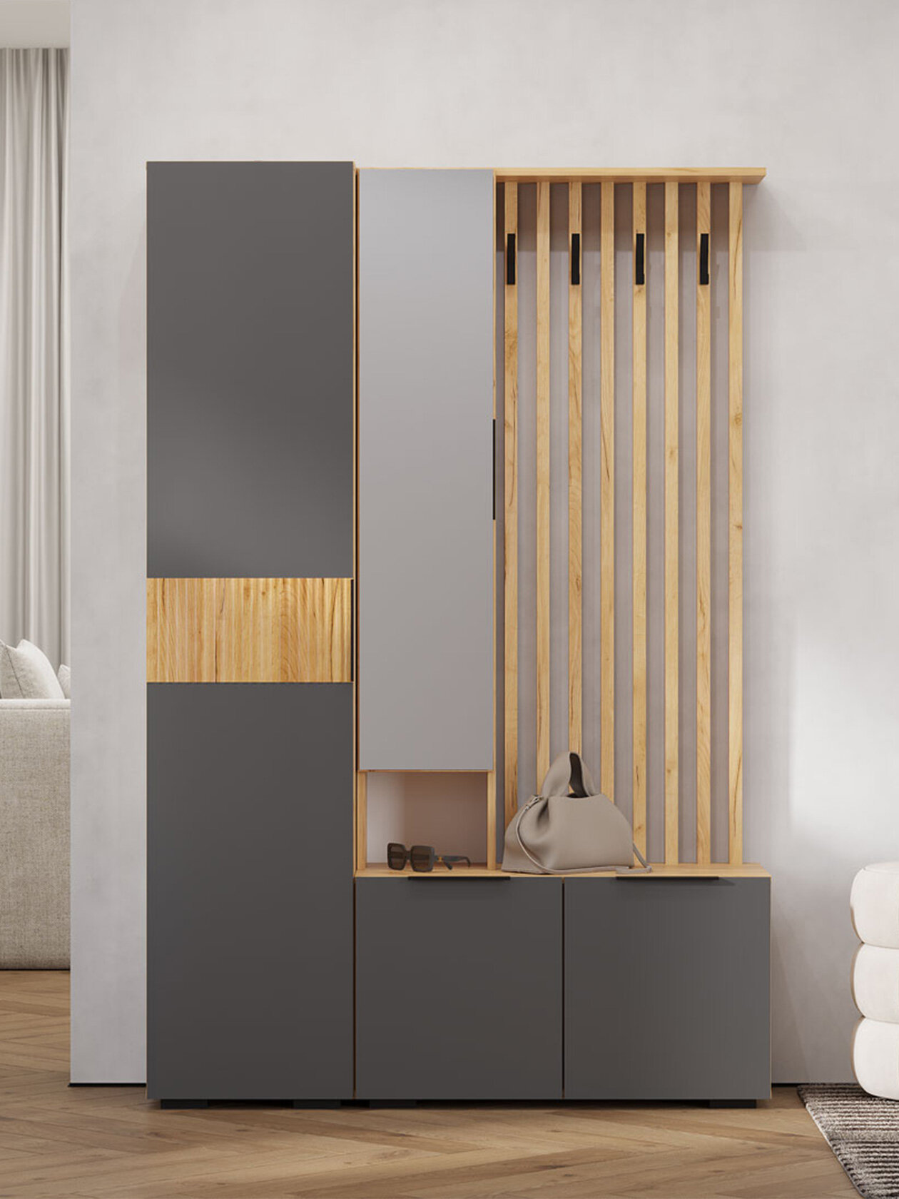 Прихожая комплект Сандра Мини с вешалкой, с зеркалом, с обувницей, со шкафом, 120х35х182.6 см, Дуб Крафт золотой / Серый графит