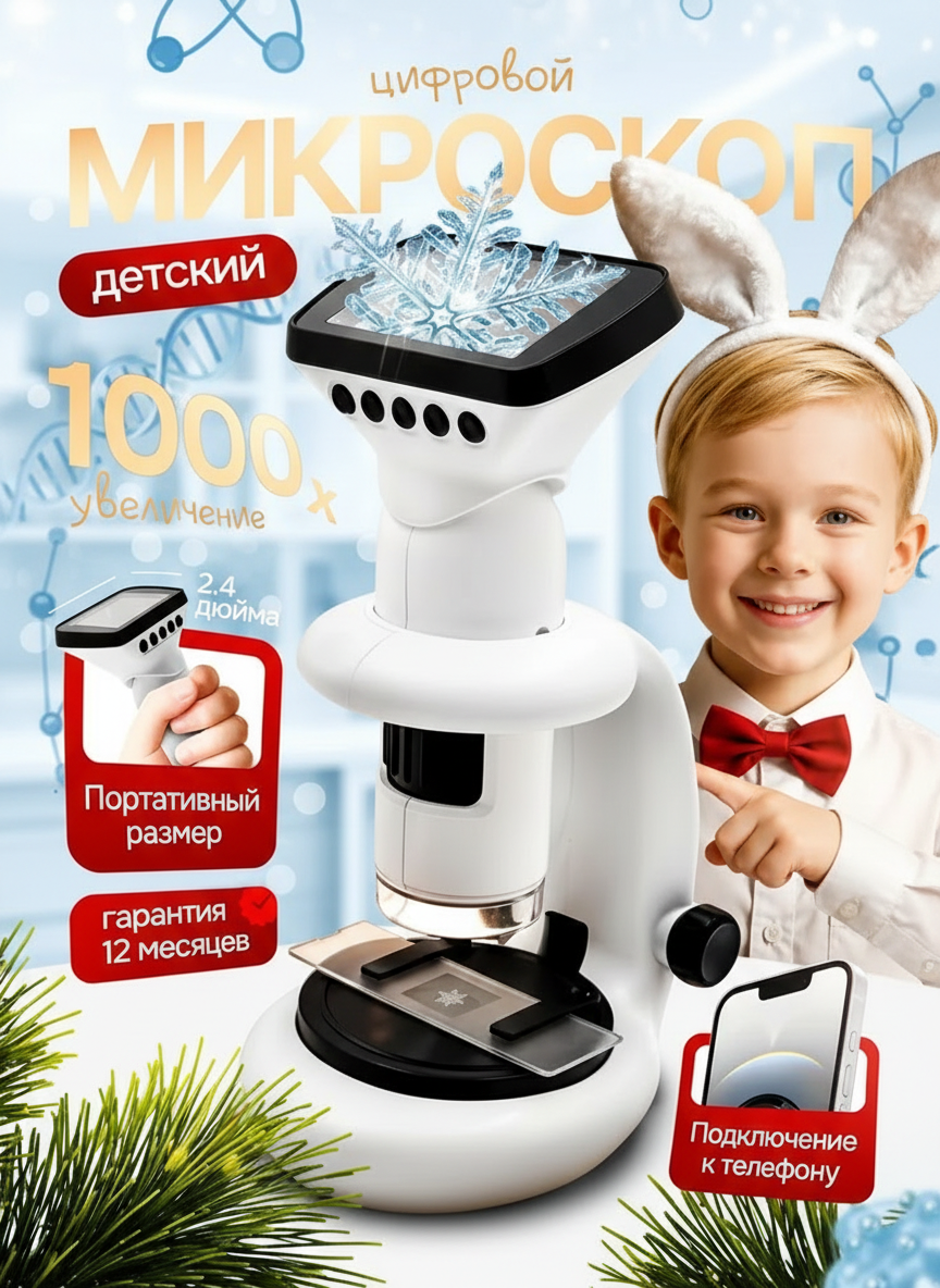 Микроскоп детский портативный 1200x с набором для исследований, игрушка для школьников, научный эксперимент
