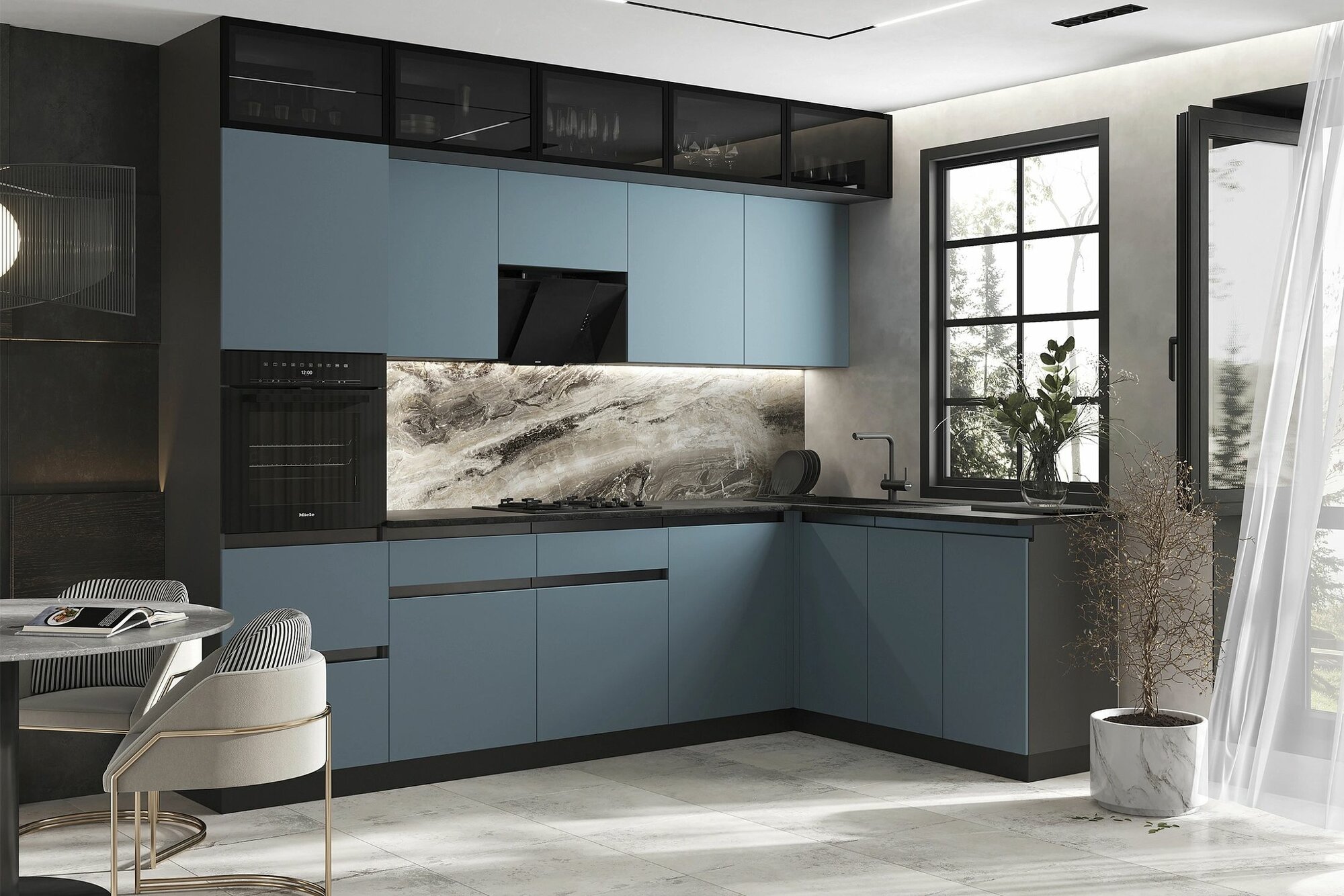 Кухня Техно-6 3,0х1,8м (Графит/Браш Блю)