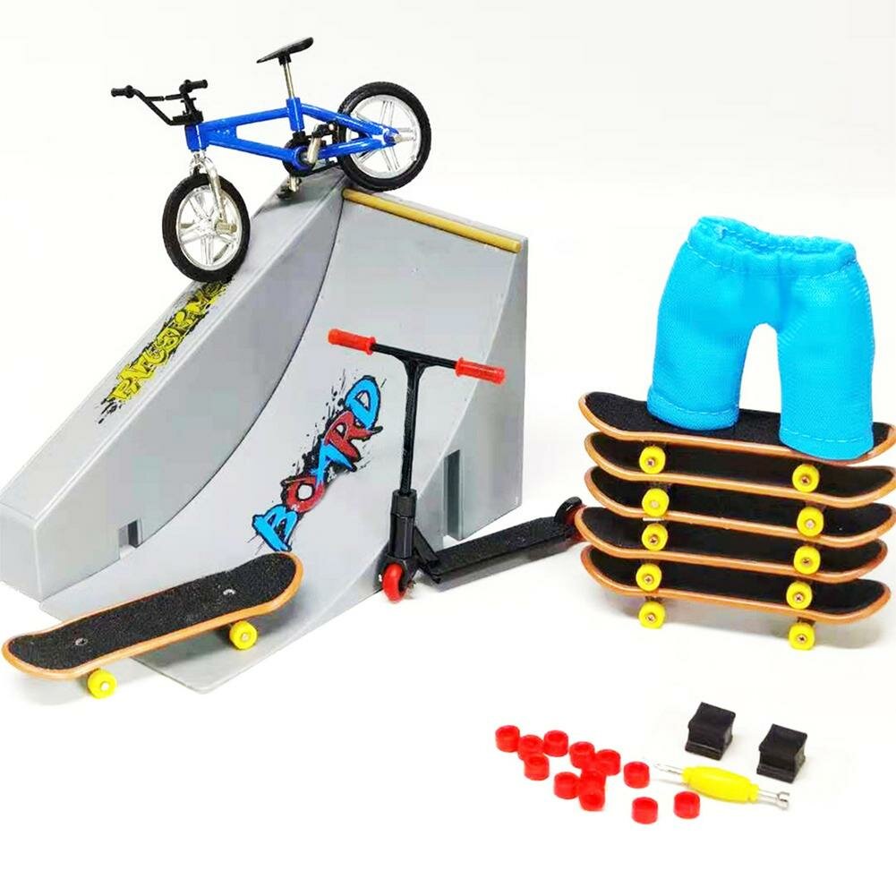 Finger Skate Park Kit Mini Сплав Finger Игрушка Набор Пластина Скейтборд Пальц Велосипед Пальцевые Советы Велосипед Игрушка Подарок Мини Скейтборд & Велосипед (Синий)