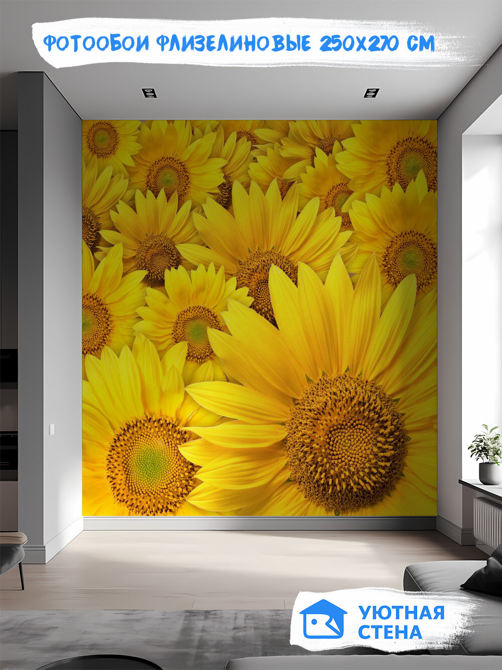 Фотообои Уютная стена "Желтые подсолнухи крупным планом", флизелиновые, 250х270 см