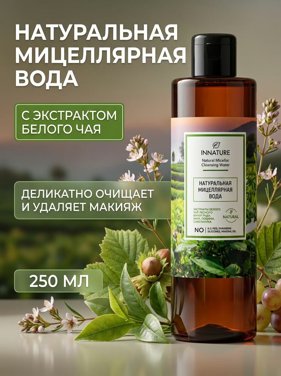 Натуральная мицеллярная вода с экстрактами белого чая и лещины для деликатного очищения и снятия макияжа, 250 мл