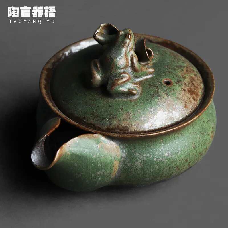 Винтажный Бронзовый чайник с зеленой глазурью, лягушка, листья лотоса, керамика, китайский дзен, ручной чайник с широким горлом, один чайник
