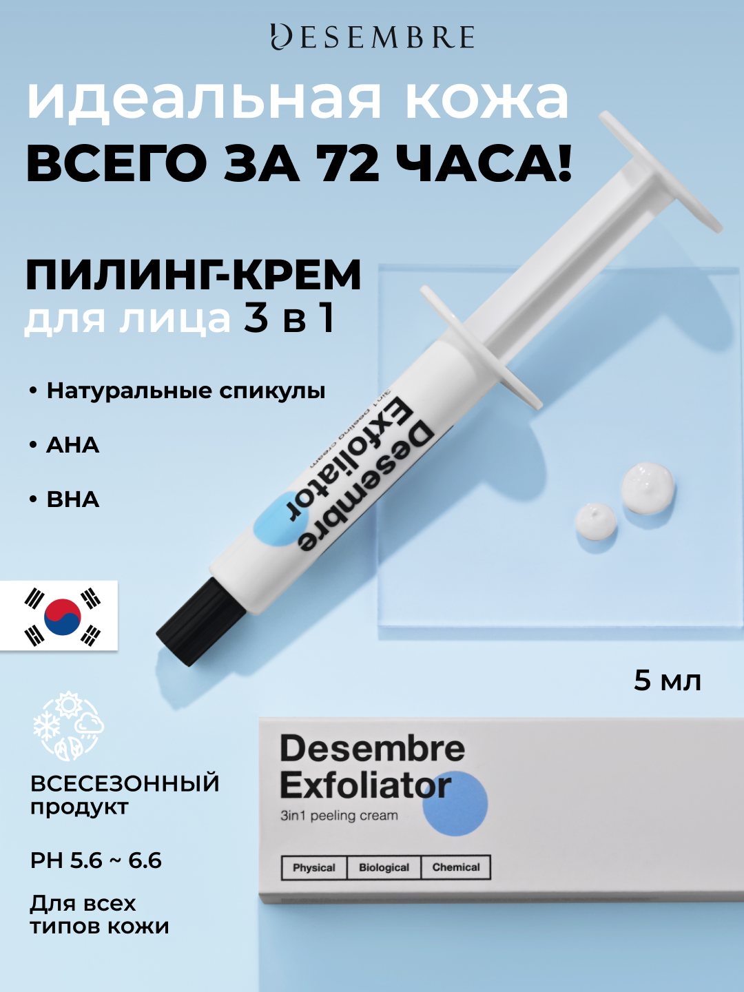 Пилинг для лица DESEMBRE кислотный отшелушивающий обновляющий 3в1 со спикулами, 5г*1шт