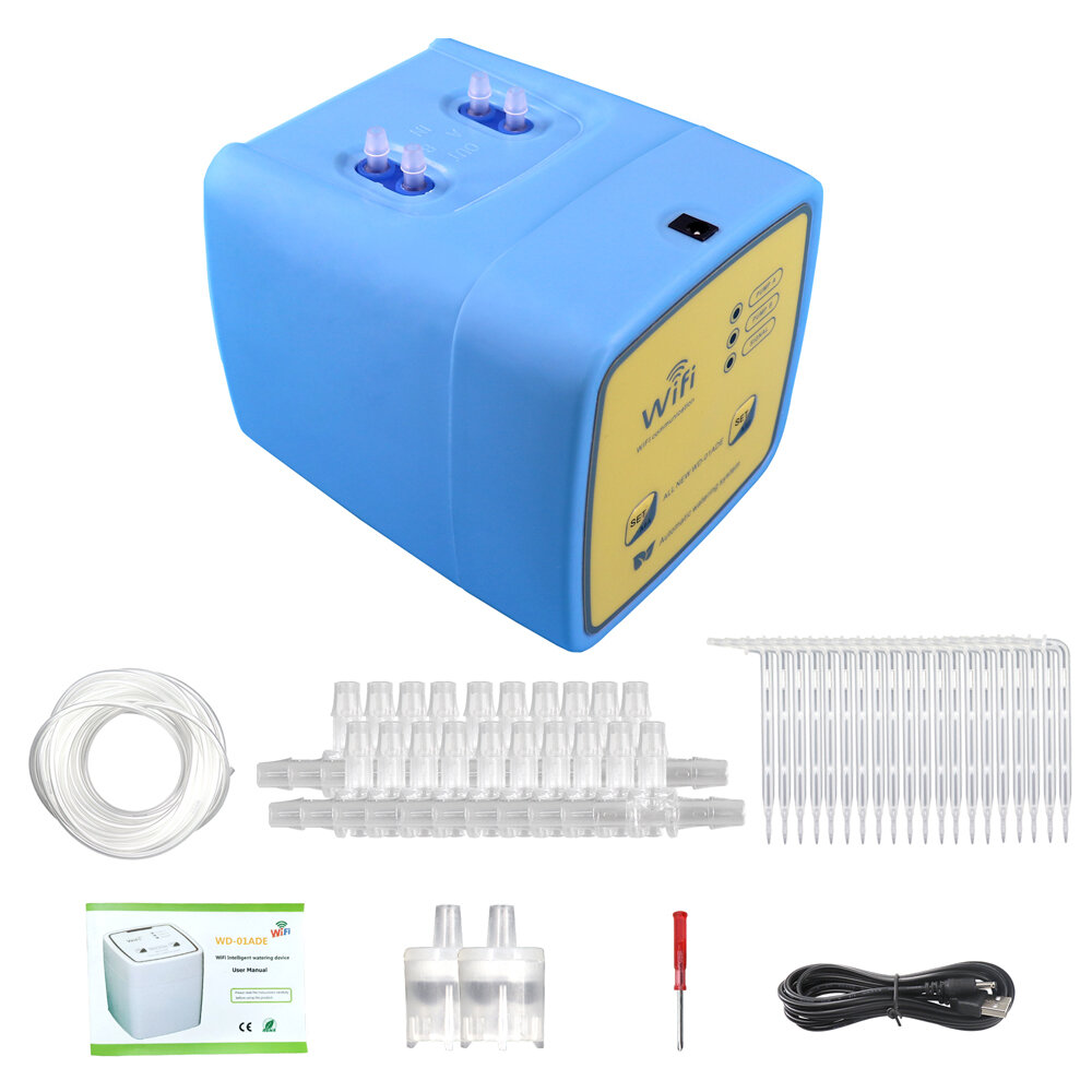 Устройство для полива WIFI с двойным насосом, автоматическая система капельного полива с таймером и дистанционным контроллером через приложение для сада, террасы, горшечных растений, цветов, цвет: Белый / Синий + Желтый (выбор), материал: ABS,