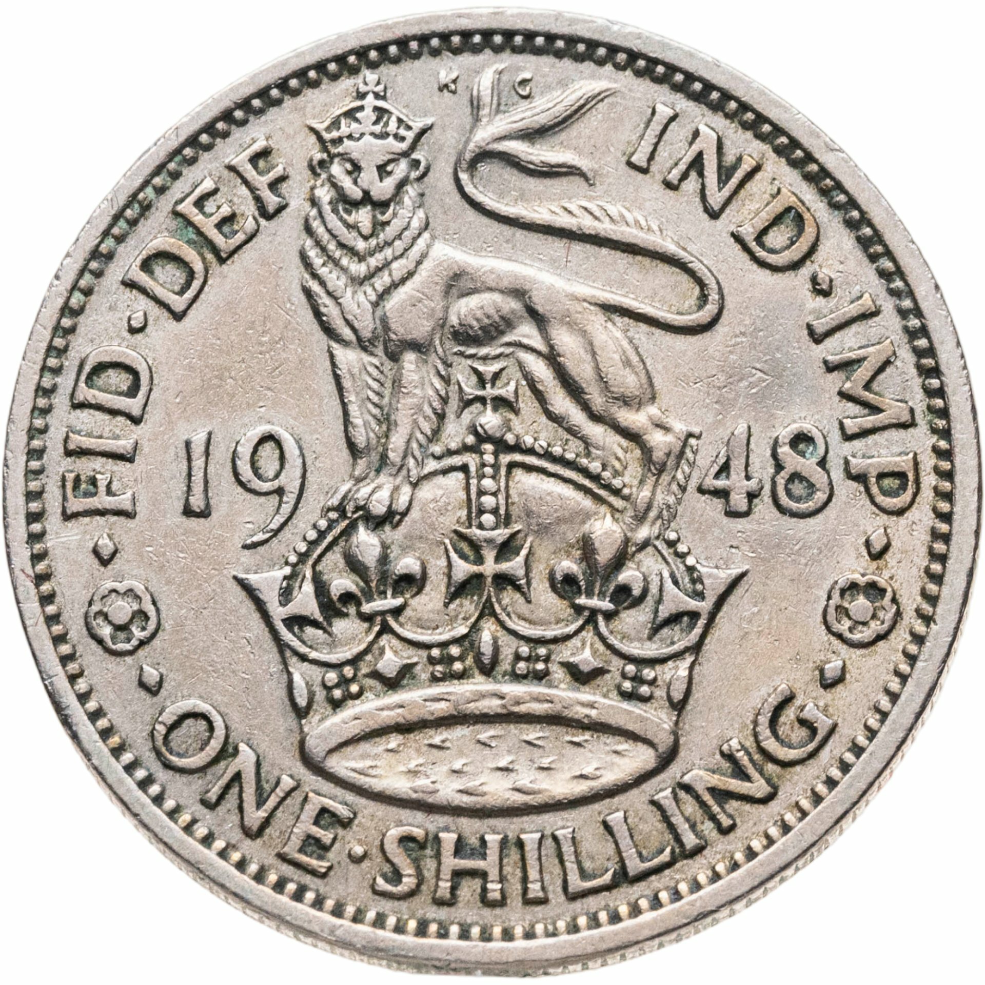 Великобритания 1 шиллинг shilling 1948 Английский шиллинг - лев, стоящий на короне, Мельхиор медь-никель