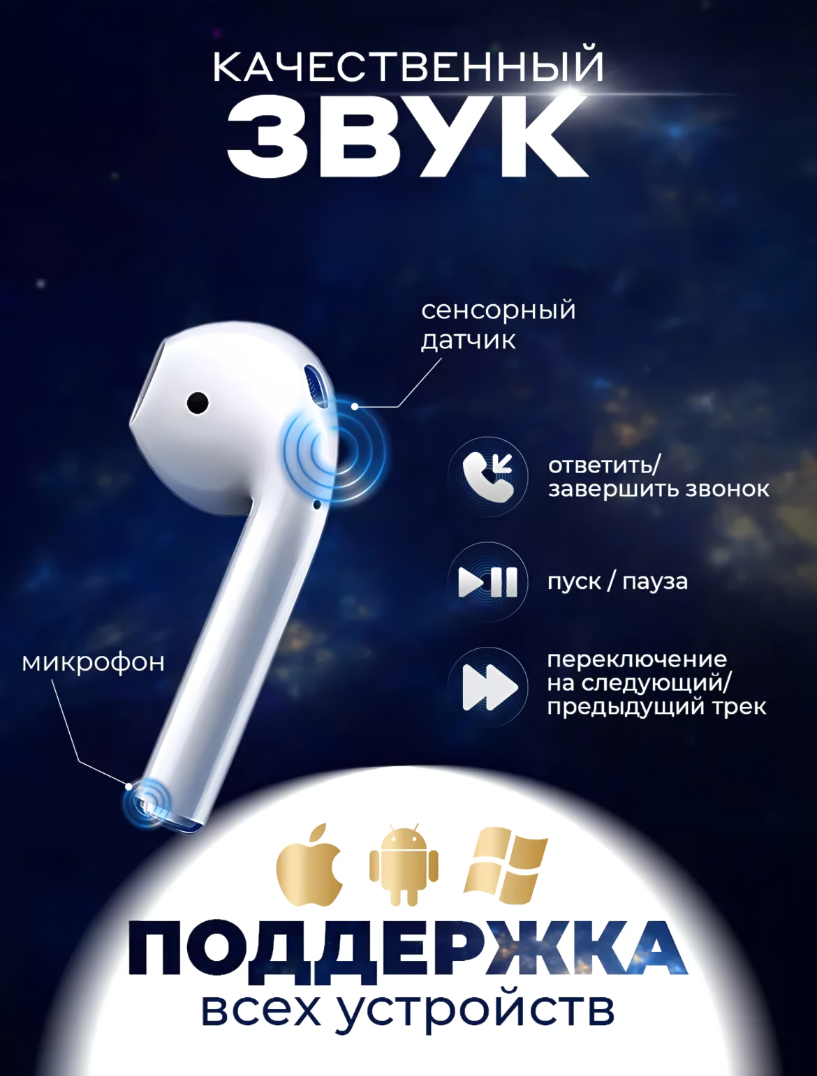Наушники беспроводные / беспроводные наушники с микрофоном, сенсорные, для iOS/Android