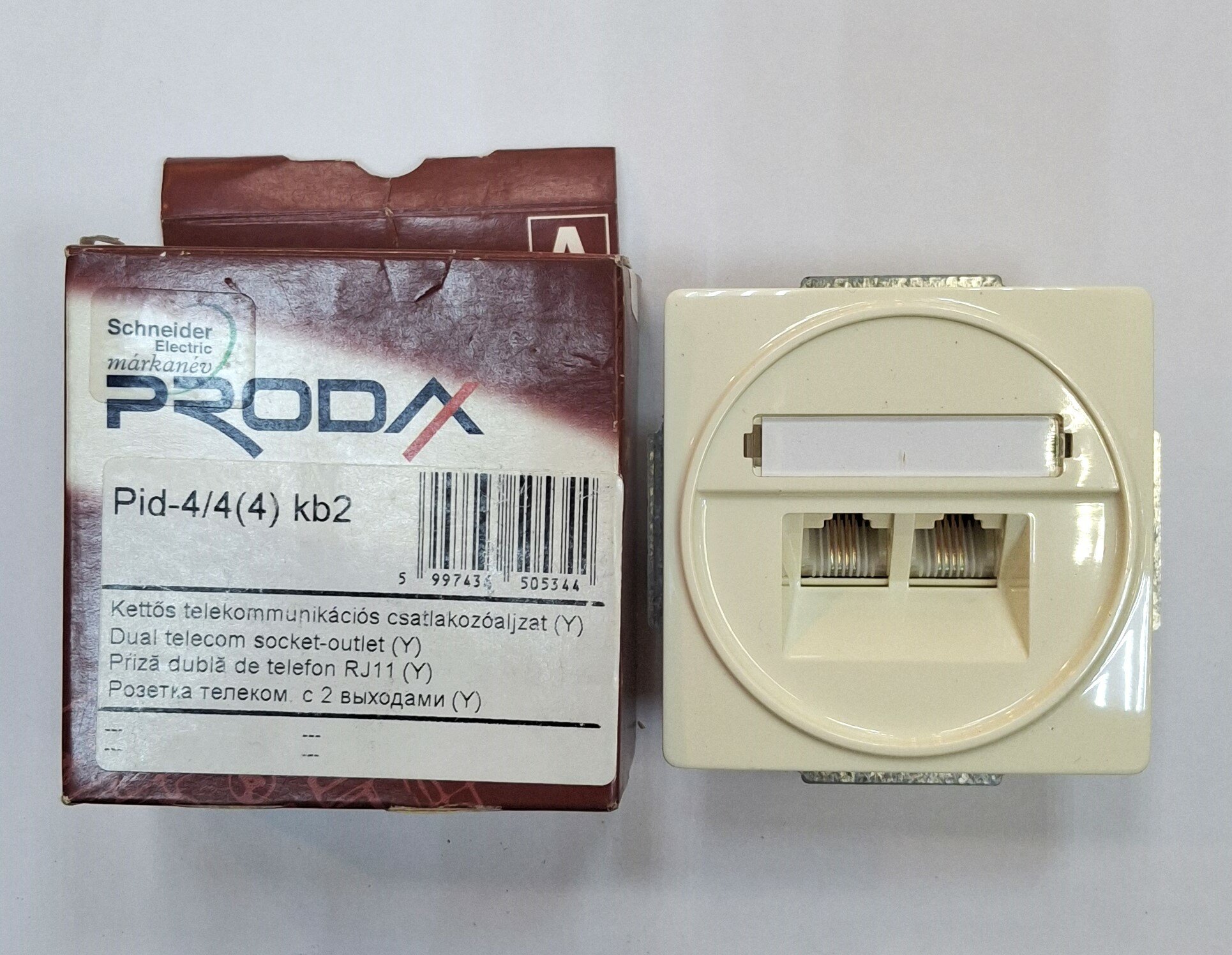 Prodax розетка телефонная 2-ая Pid-4/4 (4) кремовая(индивидуальная упаковка), механизм + накладка.