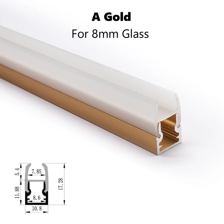 Алюминиевый профиль с светодиодной подсветкой для стеклянных полок шкафов толщиной 5 мм, 8 мм, 10 мм, 12 мм (крепежный клеп для стекла, подсветка для витрин, баров, лентного освещения)