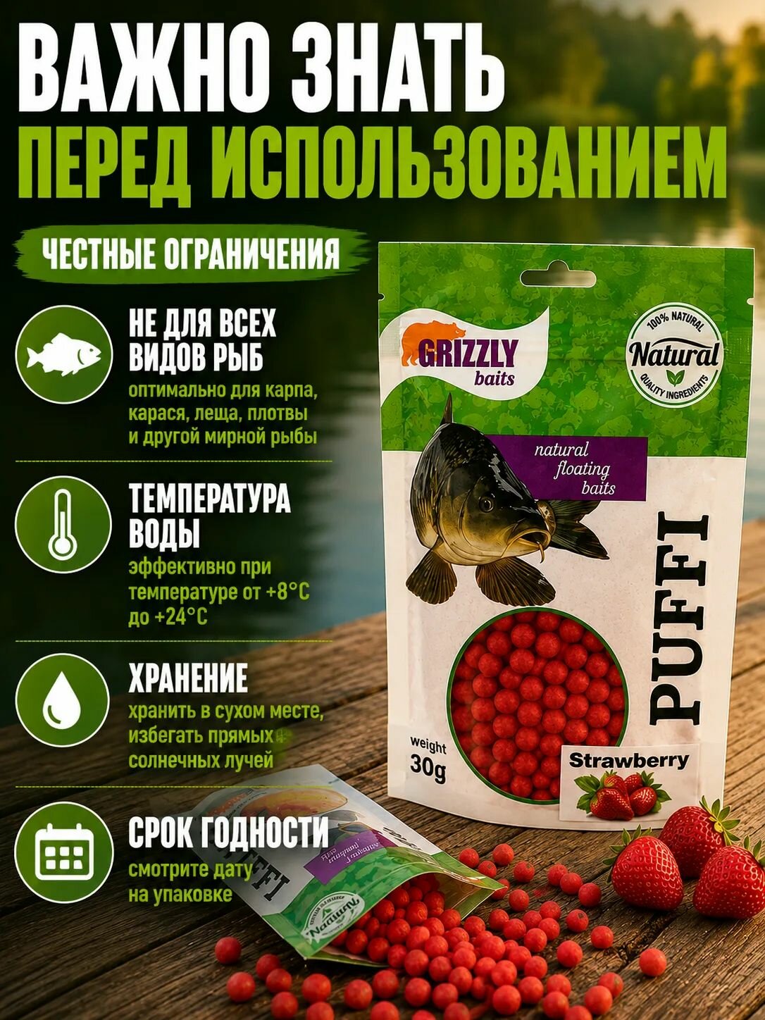 Тесто воздушное для рыбалки Клубника 30 гр, GRIZZLY Puffi
