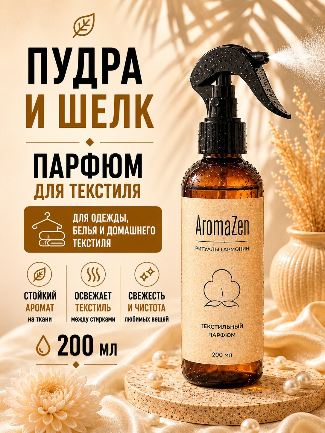 Текстильный парфюм Пудра и шелк аромат для дома, одежды и белья AromaZen, 200 мл