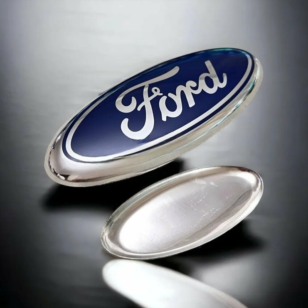 Эмблема / шильдик / логотип для автомобиля ( Ford Focus Ford Mondeo Ford Kugа Ford Fusion ) 143х58 мм без корпуса сферическая синяя, надпись хром. 1 штука