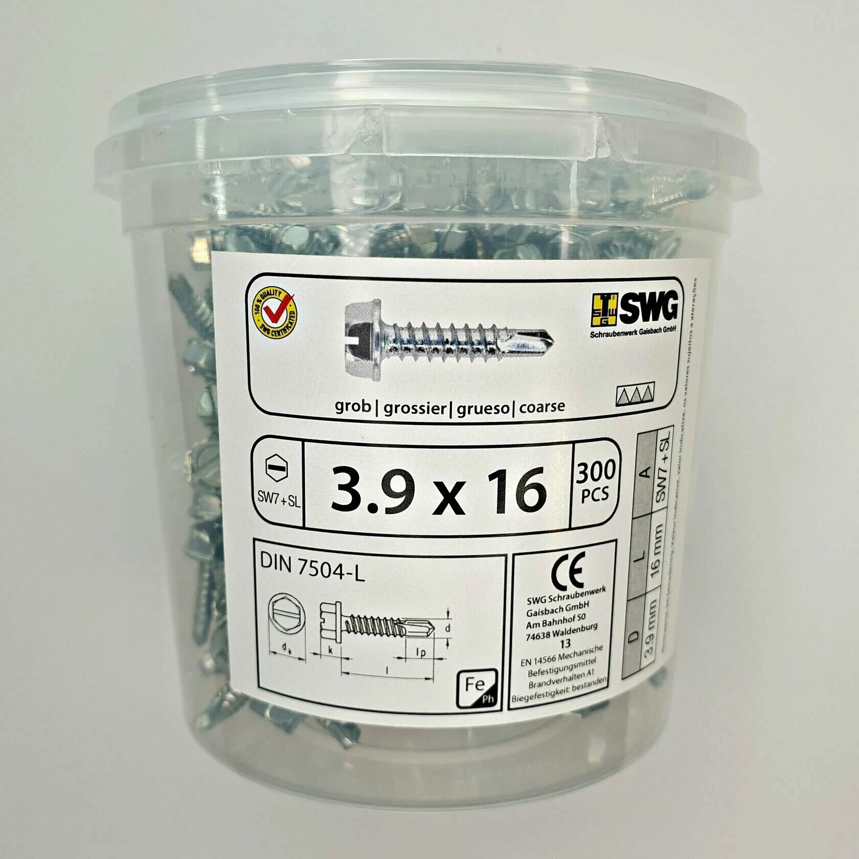 Саморез по металлу DIN 7504 L 3.9x16 (300 pcs) SWG, Германия